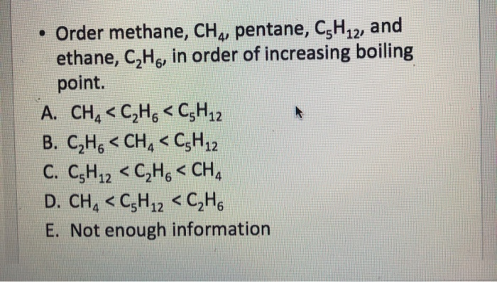 Solved • Order methane, CH,, pentane, C3H12, and ethane, | Chegg.com