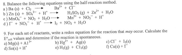 Solved 8. Balance the following equations using the | Chegg.com