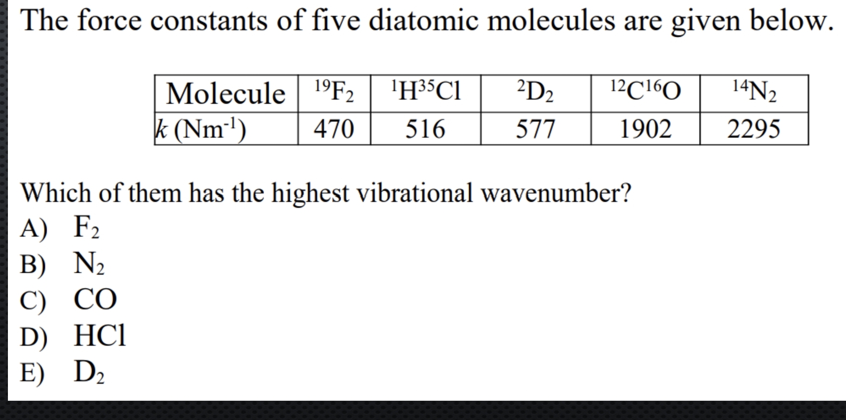 Solved The force constants of five diatomic molecules are | Chegg.com