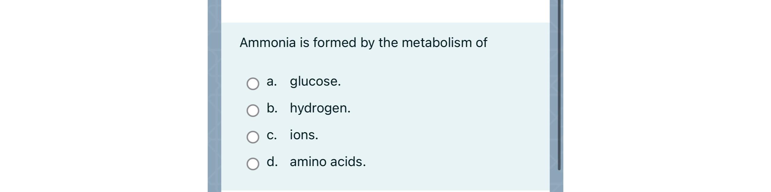 Solved Ammonia is formed by the metabolism ofa. ﻿glucose.b. | Chegg.com