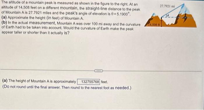 Solved The altitude of a mountain peak is measured as shown | Chegg.com