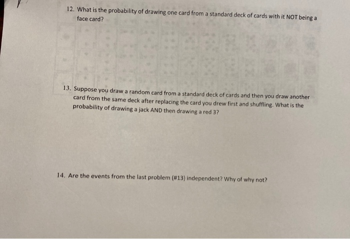 Solved 12. What is the probability of drawing one card from | Chegg.com