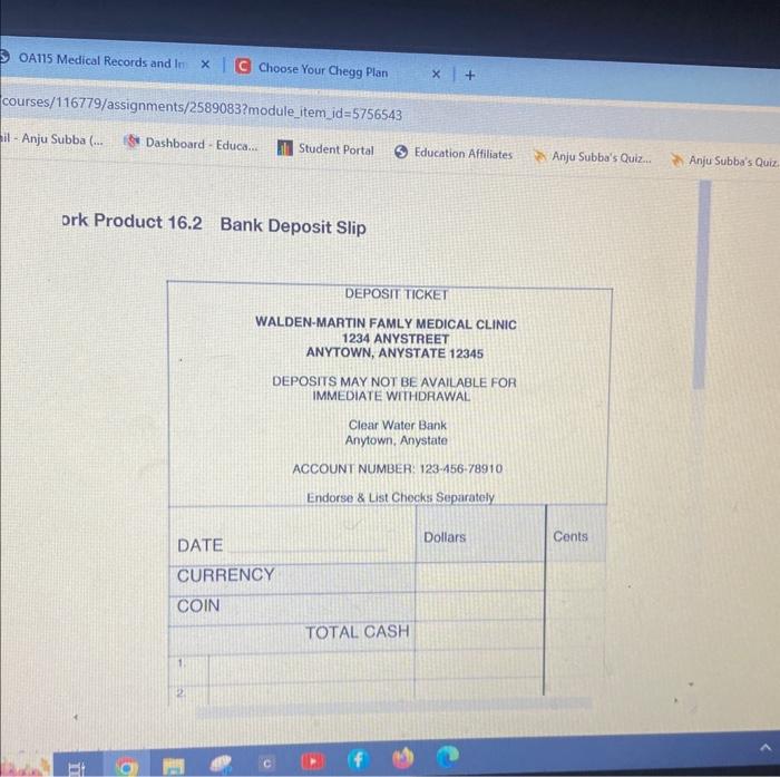 ork Product 16.2 Bank Deposit Slip | Chegg.com