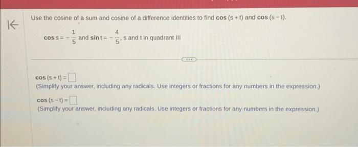 Solved Use the cosine of a sum and cosine of a difference | Chegg.com