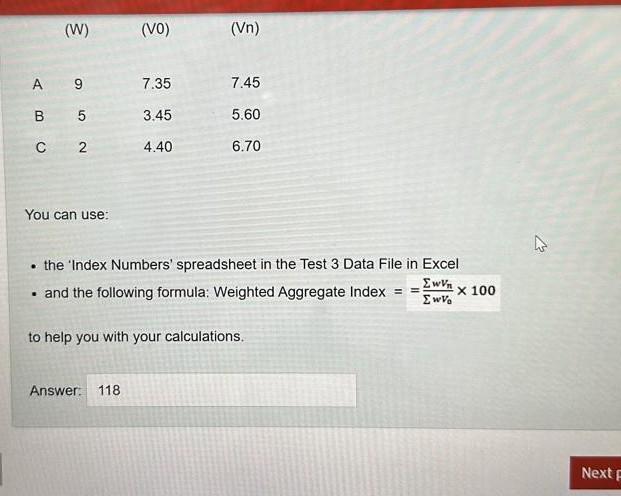 Solved You Can Use The Index Numbers Spreadsheet In The