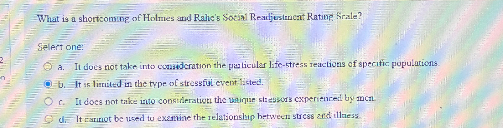 Solved What is a shortcoming of Holmes and Rahe's Social | Chegg.com