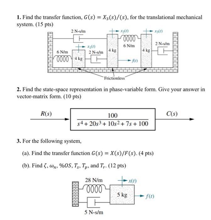Solved 1. Find the transfer function, G(s)=X3(s)/(s), for | Chegg.com