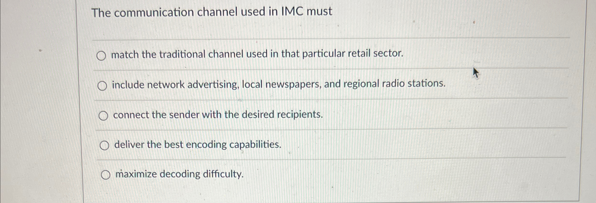 Solved The communication channel used in IMC mustmatch the | Chegg.com