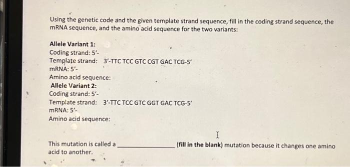 Solved Using the genetic code and the given template strand | Chegg.com