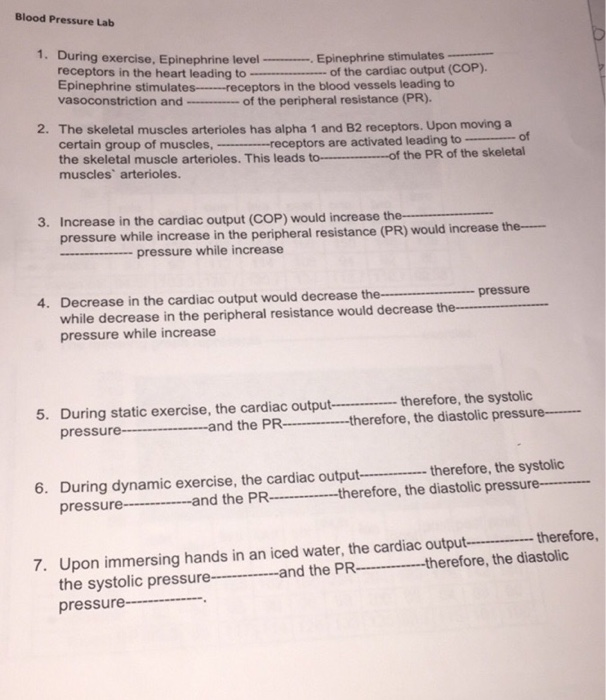 Solved Blood Pressure Lab 1. During exercise, Epinephrine | Chegg.com