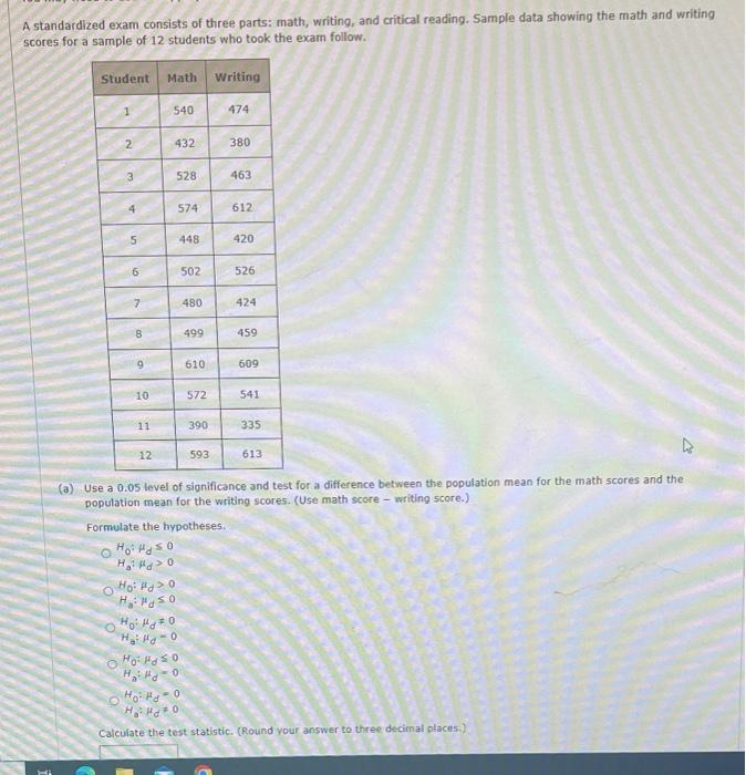 Solved A standardized exam consists of three parts: math, | Chegg.com