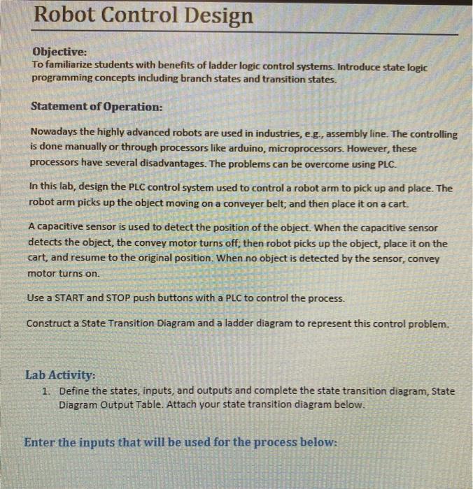 Robot Control Design Objective: To familiarize | Chegg.com