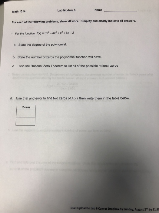 Solved Name Math 1314 Lab Module 6 For each of the following | Chegg.com