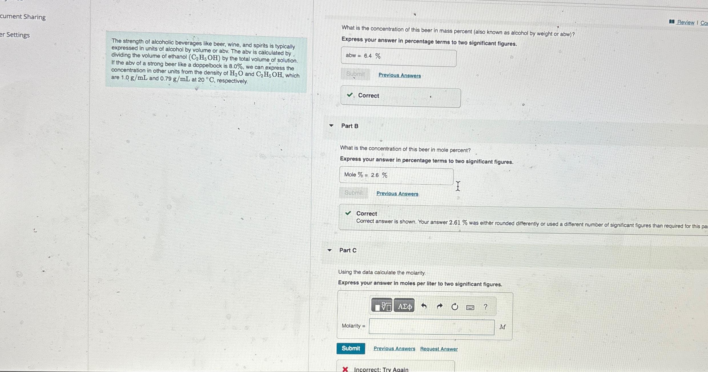 Solved ANSWER PART C PLEASE The strength of alcoholic | Chegg.com