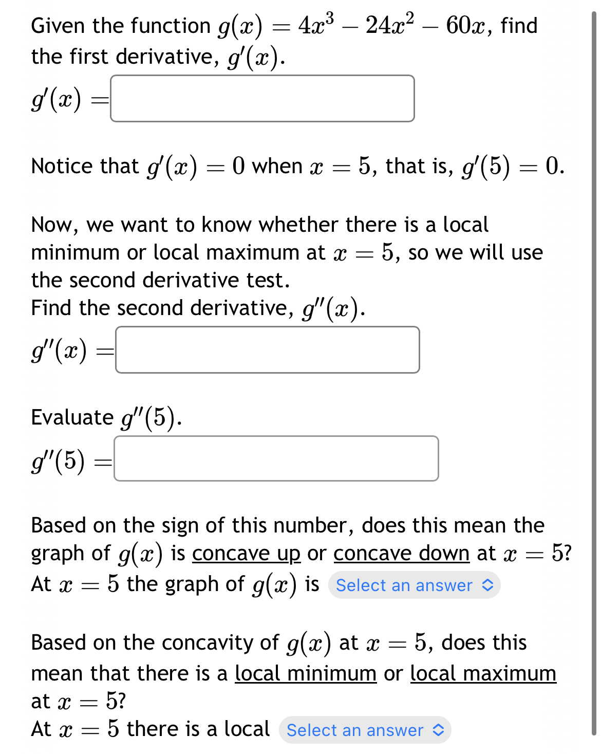 Solved Given the function g(x)=4x3-24x2-60x, ﻿find the first | Chegg.com