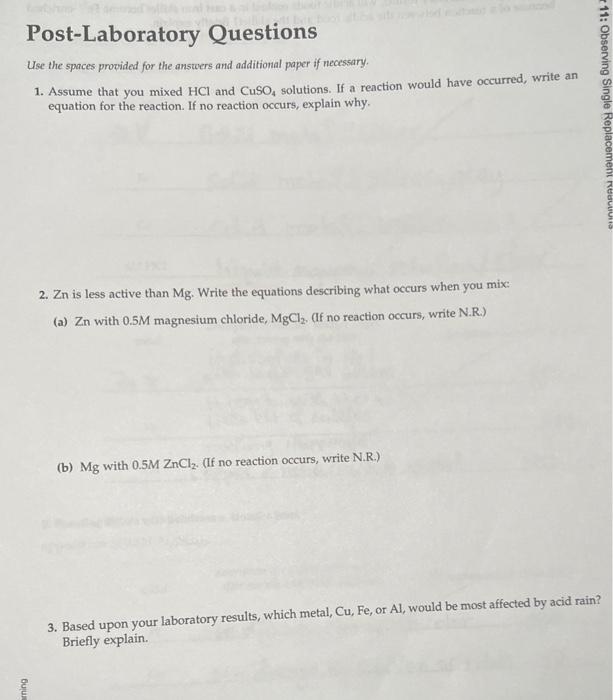 Solved Post-Laboratory Questions Use the spaces provided for | Chegg.com