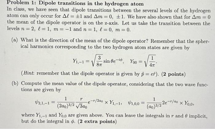 Solved Problem 1: Dipole transitions in the hydrogen atom In | Chegg.com