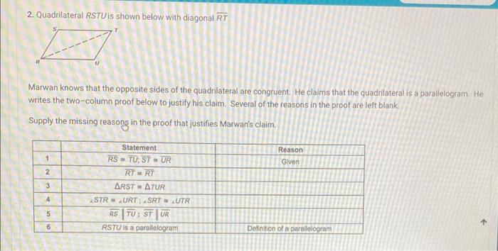Solved 2. Quadritateral RSTU is shown below with diagonal | Chegg.com