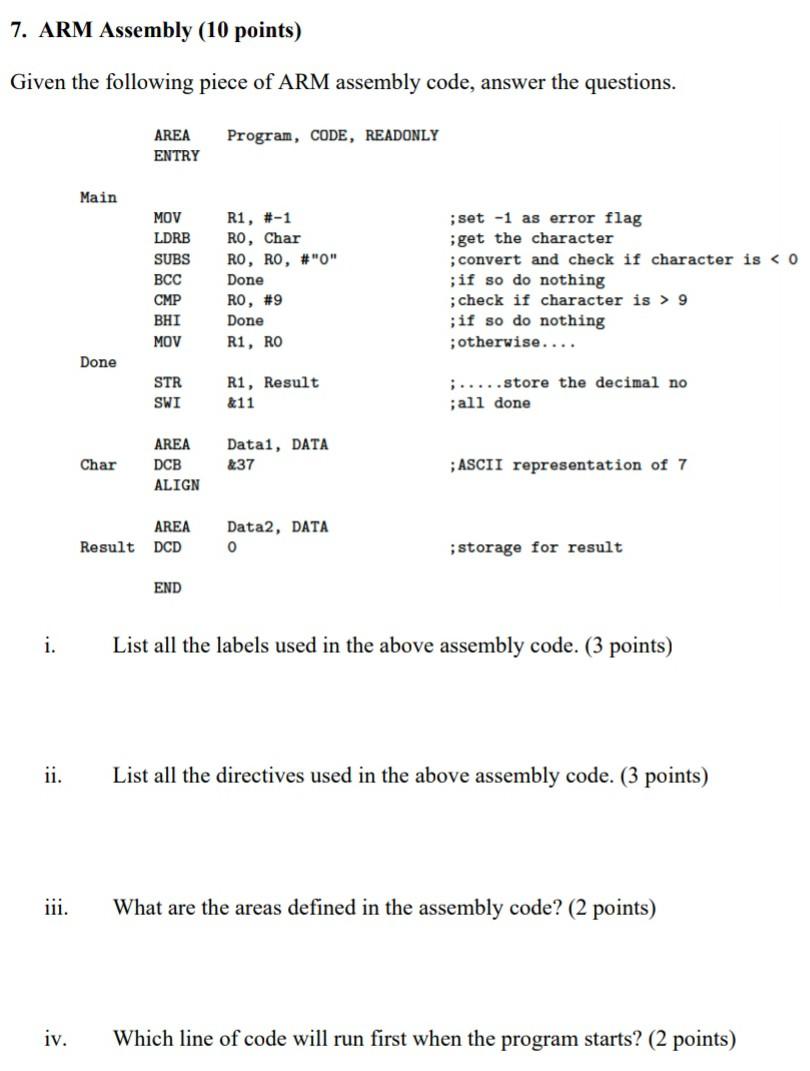 Solved 7. ARM Assembly (10 points) Given the following piece | Chegg.com