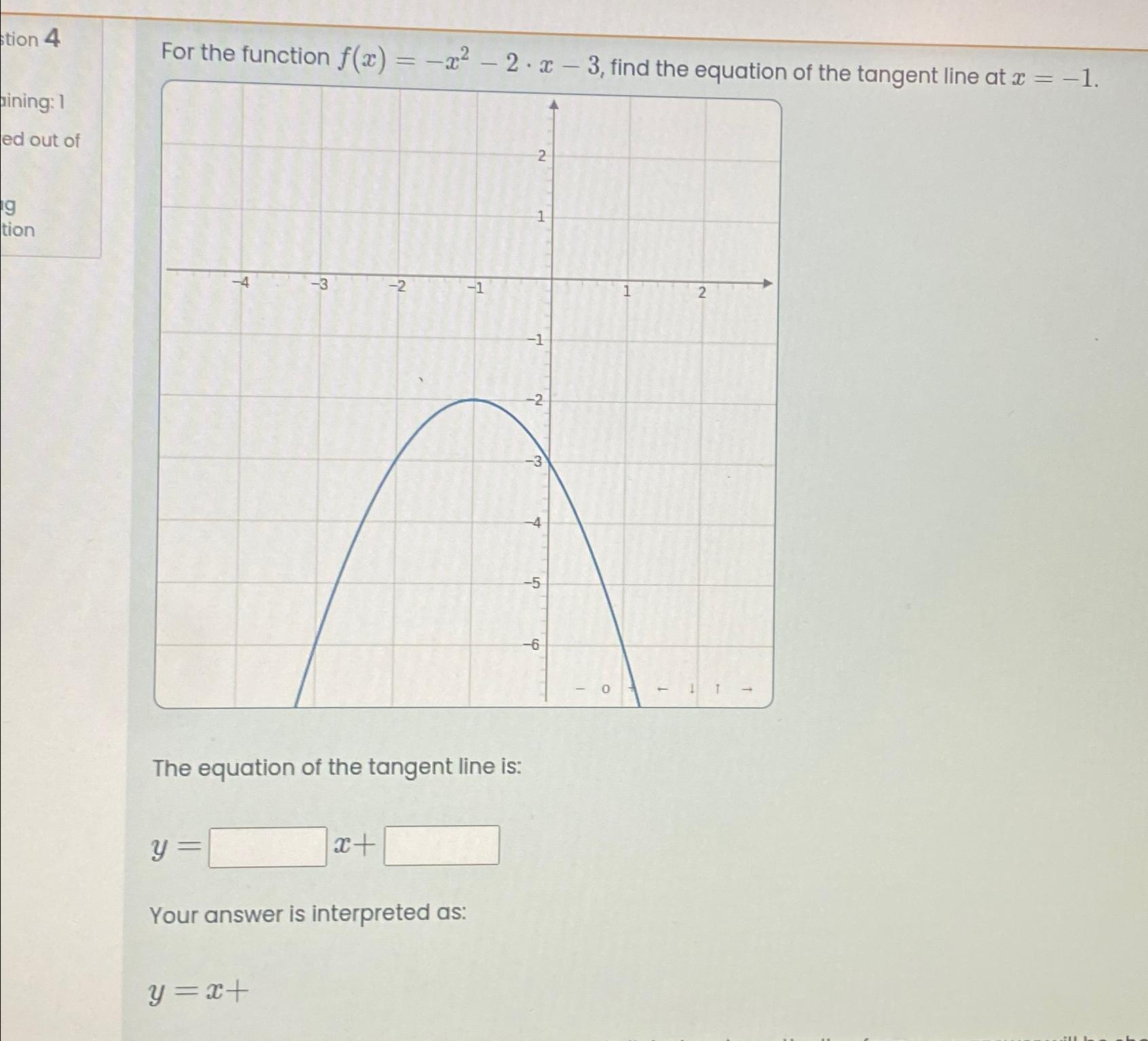 Solved For the function f(x)=-x2-2*x-3, ﻿find the eauation n | Chegg.com