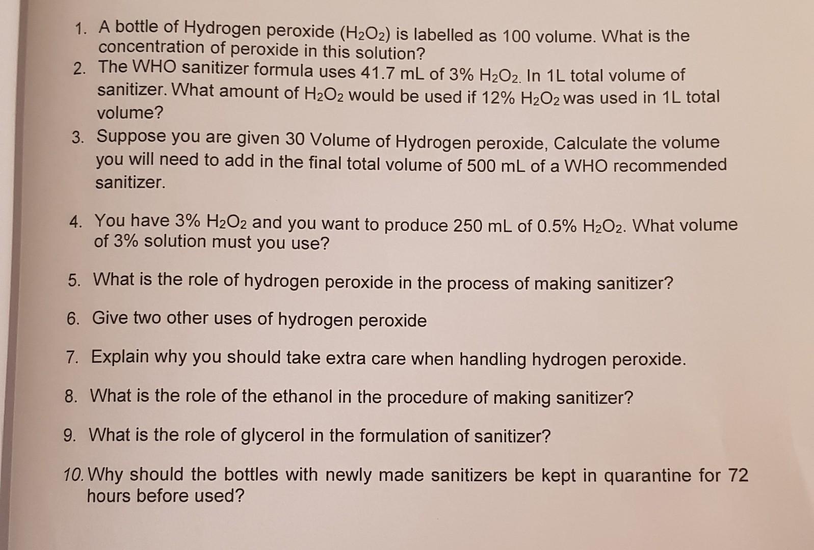 Solved 1. A bottle of Hydrogen peroxide (H2O2) is labelled | Chegg.com