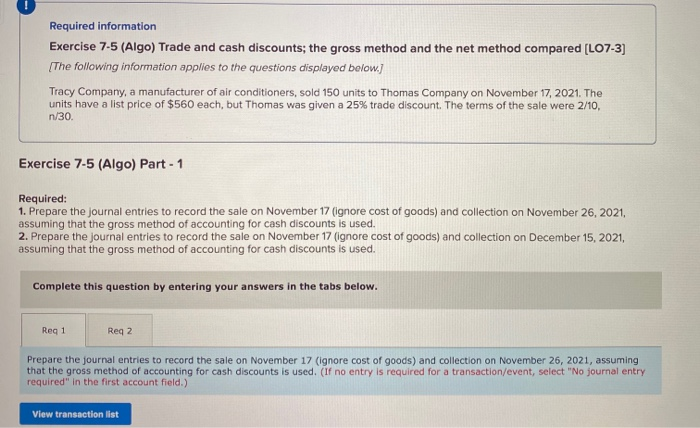 Solved Required information Exercise 7-5 (Algo) Trade and | Chegg.com