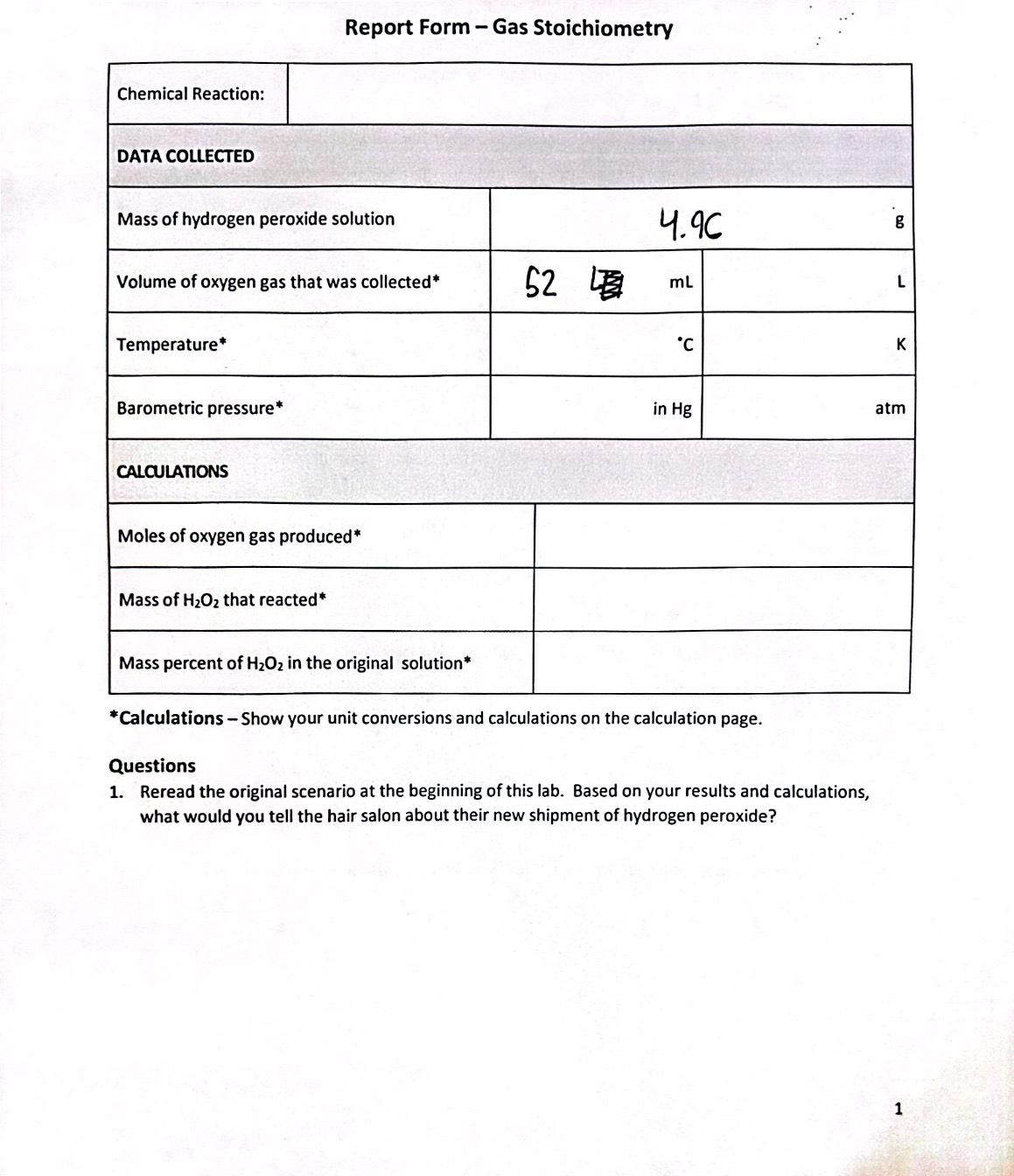 Solved Report Form - ﻿Gas Stoichiometry\table[[Chemical | Chegg.com