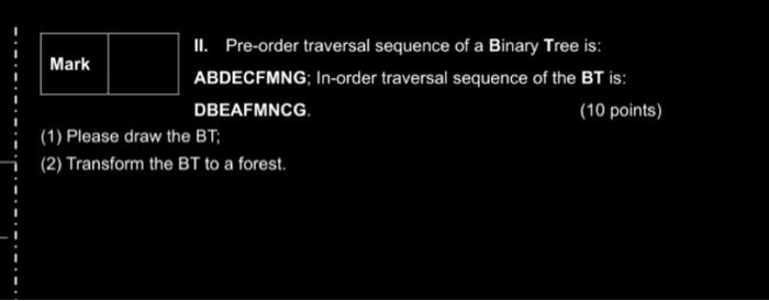 Solved II. Pre-order traversal sequence of a Binary Tree is: | Chegg.com