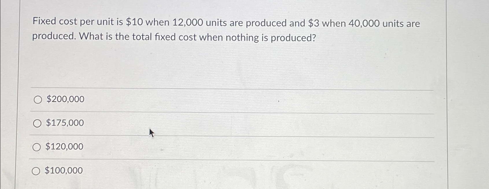 Solved Fixed cost per unit is $10 when 12,000 units are | Chegg.com