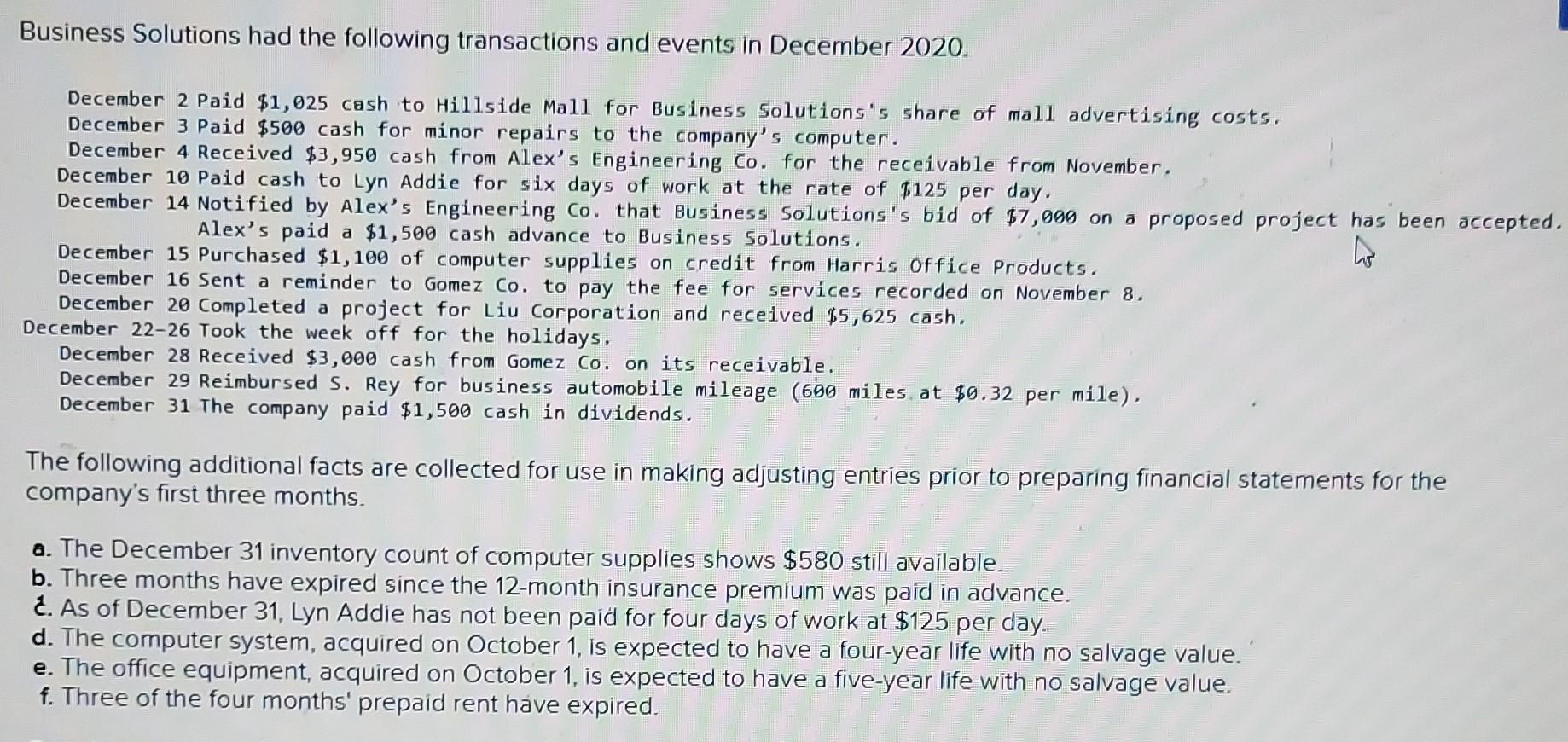 Solved Business Solutions had the following transactions and | Chegg.com