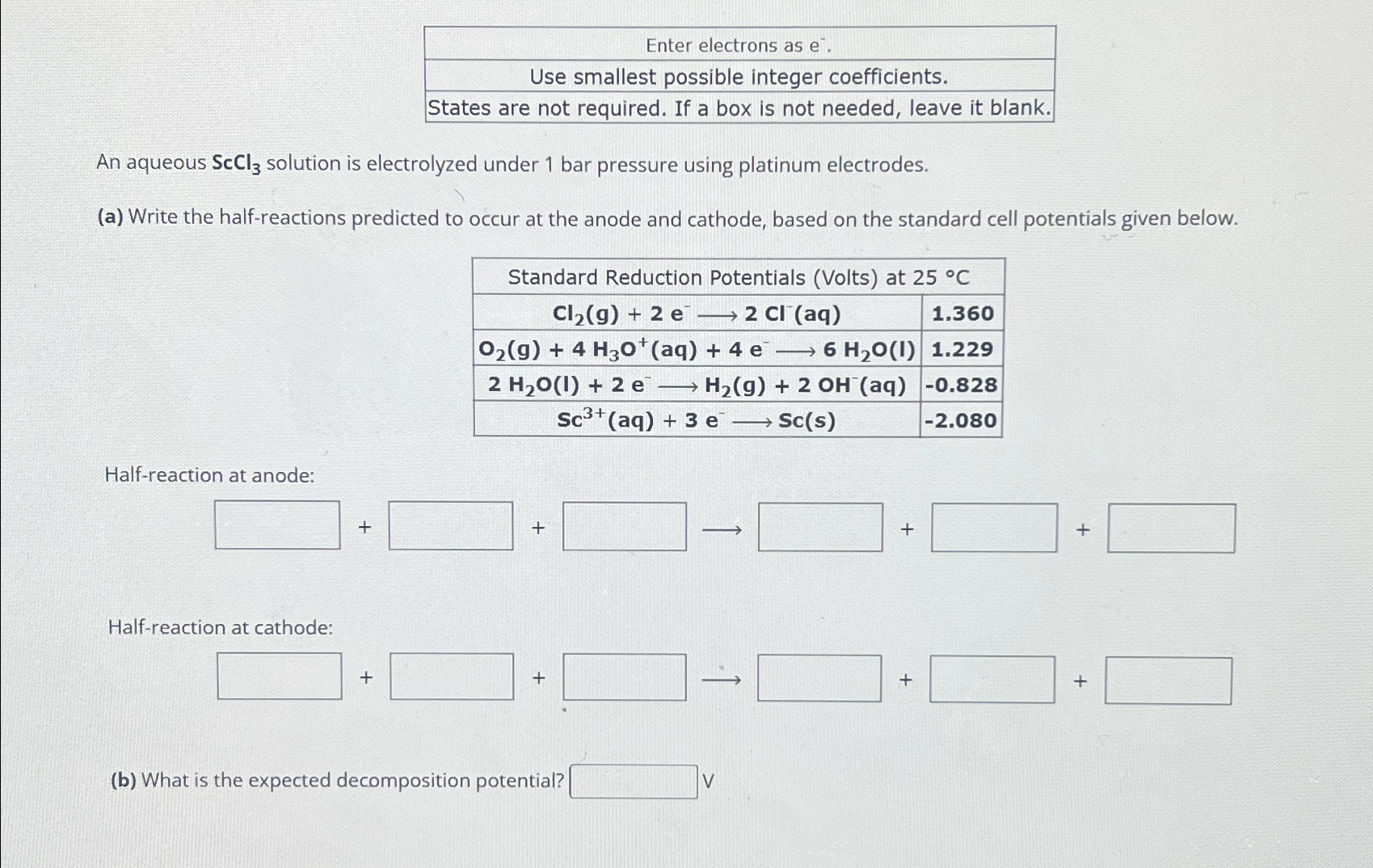 Solved \table[[Enter electrons as e-.],[Use smallest | Chegg.com