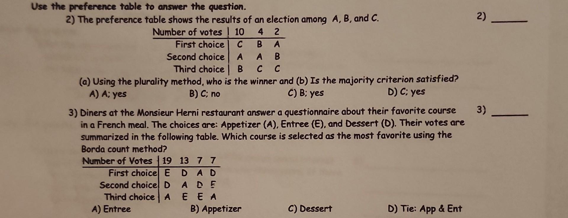 Solved Use the preference table to answer the question. 2) | Chegg.com