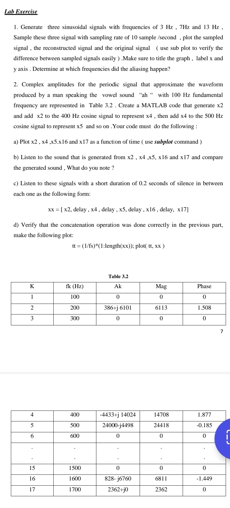 Solved Lab ExerciseGenerate three sinusoidal signals with | Chegg.com