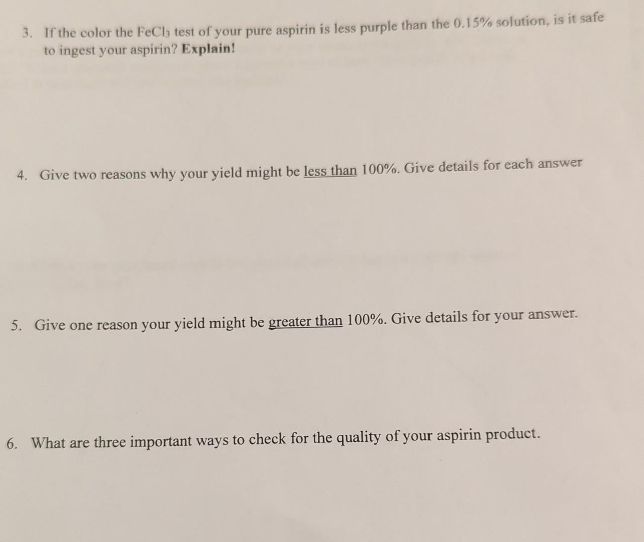 Solved 3. If the color the FeCl3 test of your pure aspirin | Chegg.com
