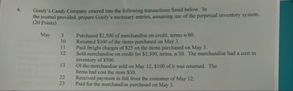 Solved Goofy's Candy Company entered insoo the following | Chegg.com