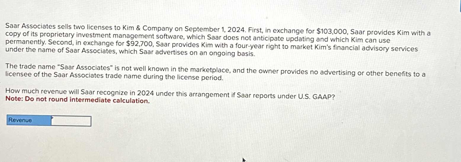 Solved Saar Associates sells two licenses to Kim & Company | Chegg.com