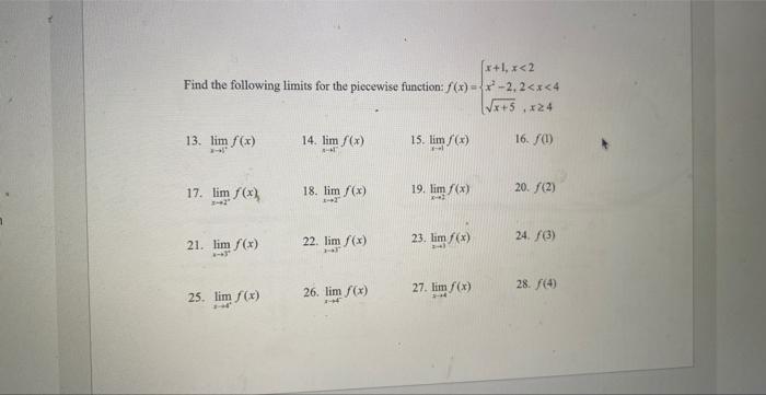 Solved Find the following limits for the piecewise function: | Chegg.com