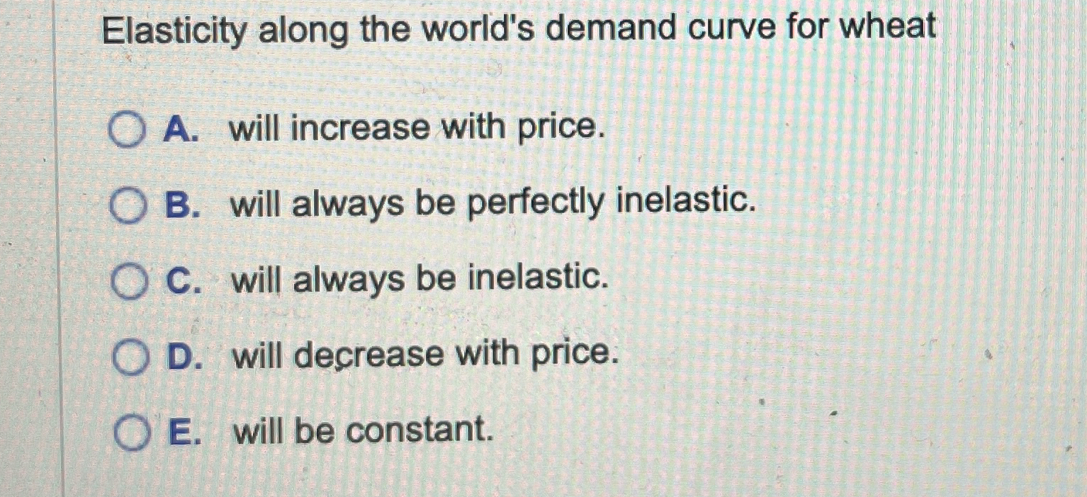 Solved Elasticity along the world's demand curve for wheatA. | Chegg.com