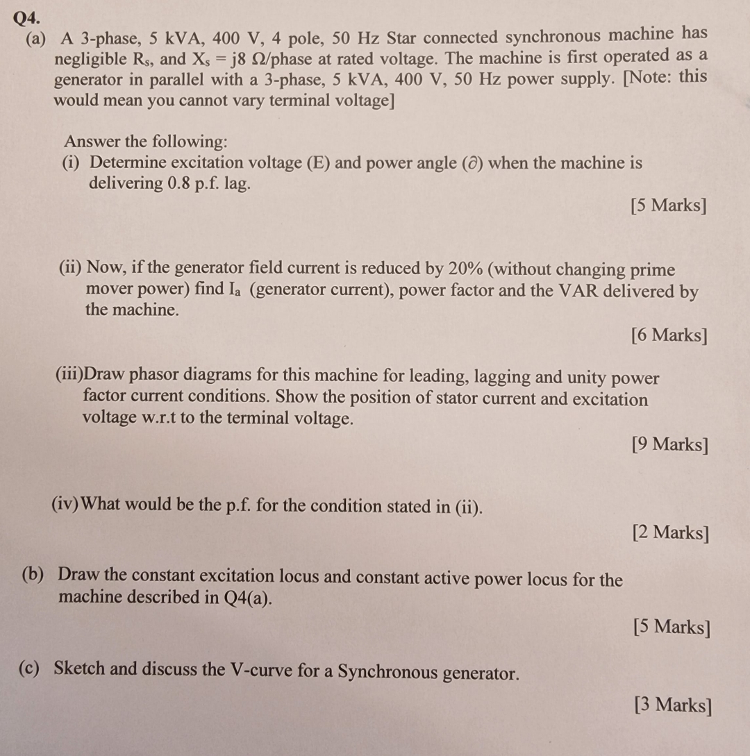 Solved Q4.(a) ﻿A 3-phase, 5kVA,400V,4 ﻿pole, 50 ﻿Hz Star | Chegg.com
