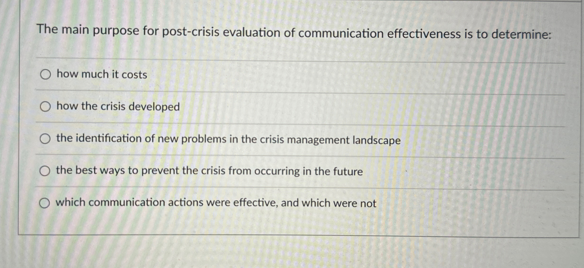Solved The main purpose for post-crisis evaluation of | Chegg.com