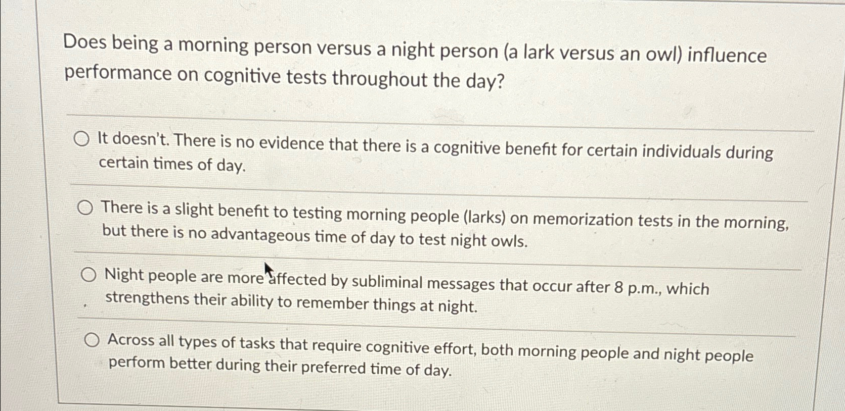 Solved Does being a morning person versus a night person (a | Chegg.com