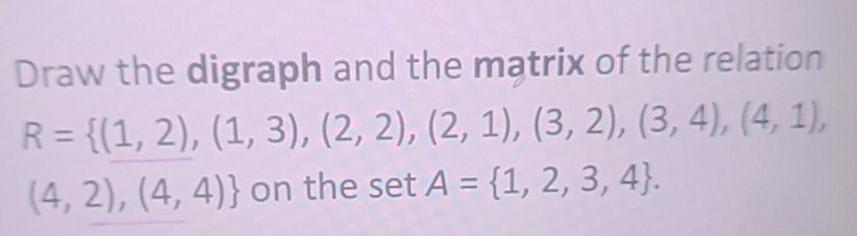 Solved Draw the digraph and the matrix of the relation R = | Chegg.com