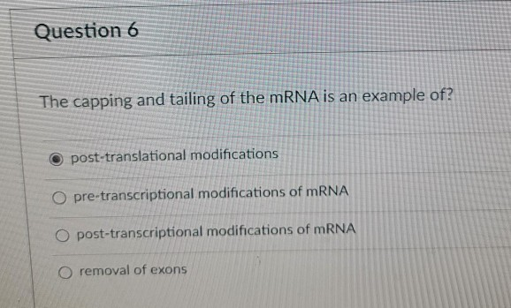 Solved Question 6 The capping and tailing of the mRNA is an | Chegg.com
