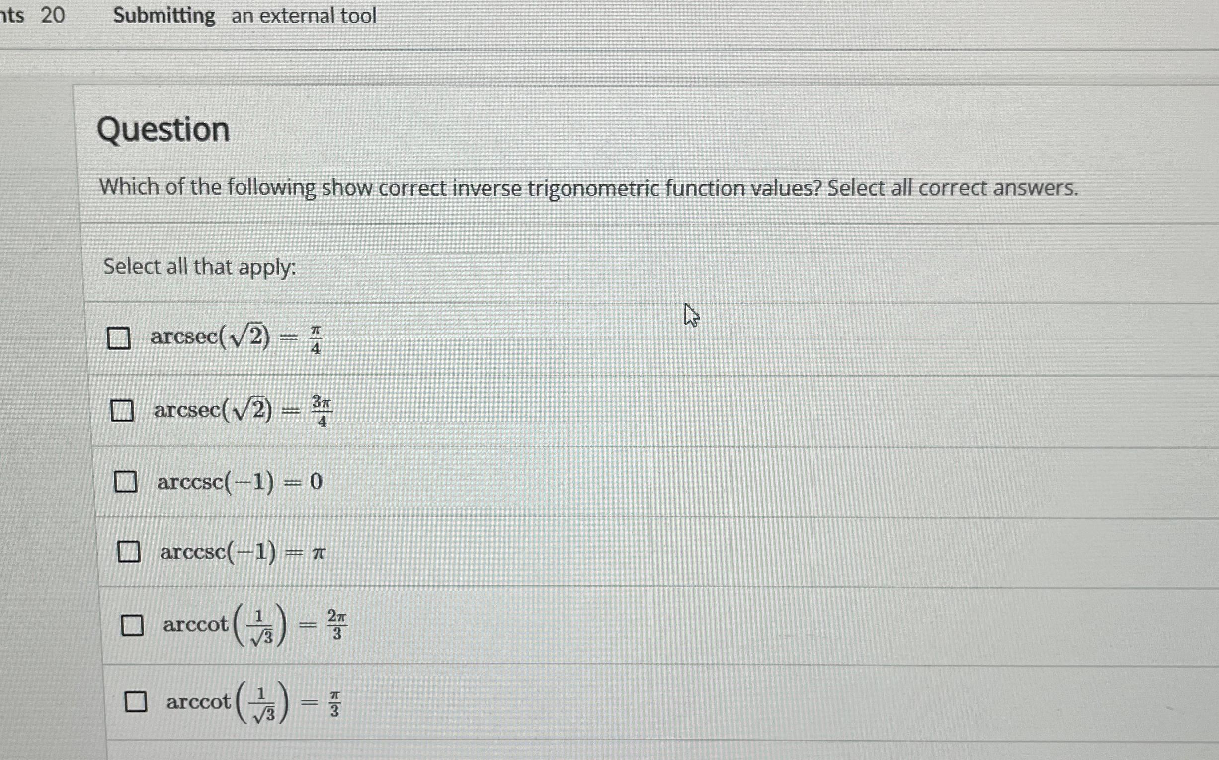Submitting an external toolQuestionWhich of the | Chegg.com