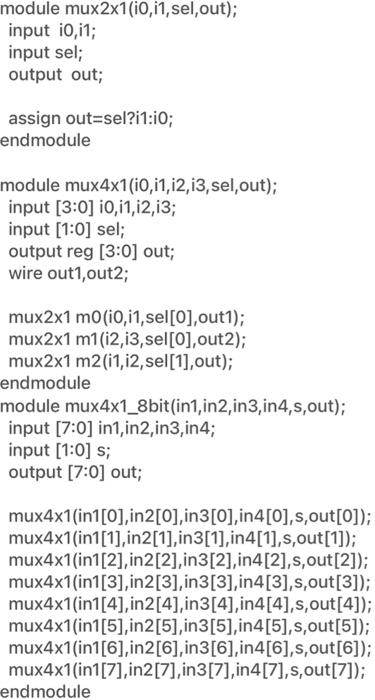 Solved module mux2x1(10,11, sel,out); input i0,11; input | Chegg.com
