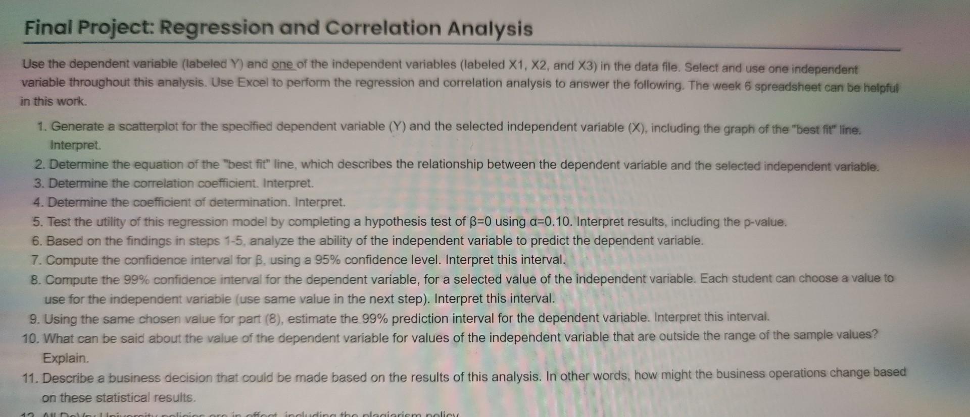 Final Project: Regression and Correlation Analysis | Chegg.com