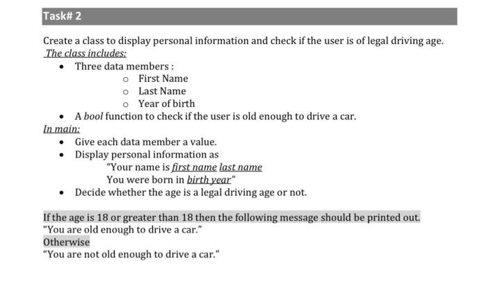 Solved Create a class to display personal information and | Chegg.com