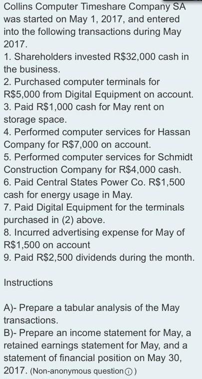 Solved Collins Computer Timeshare Company SA was started on | Chegg.com