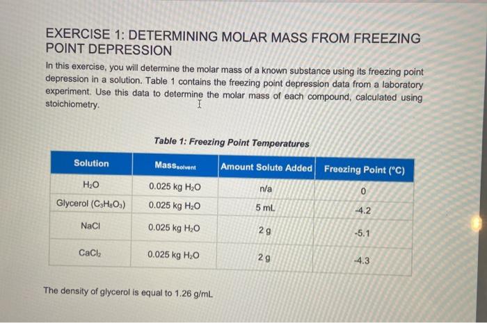 Solved EXERCISE 1: DETERMINING MOLAR MASS FROM FREEZING | Chegg.com