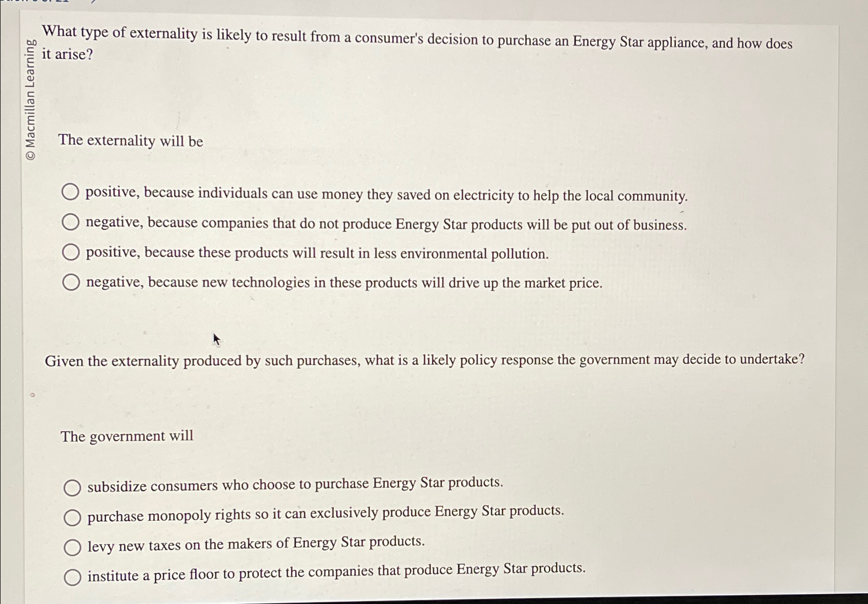Solved What type of externality is likely to result from a | Chegg.com